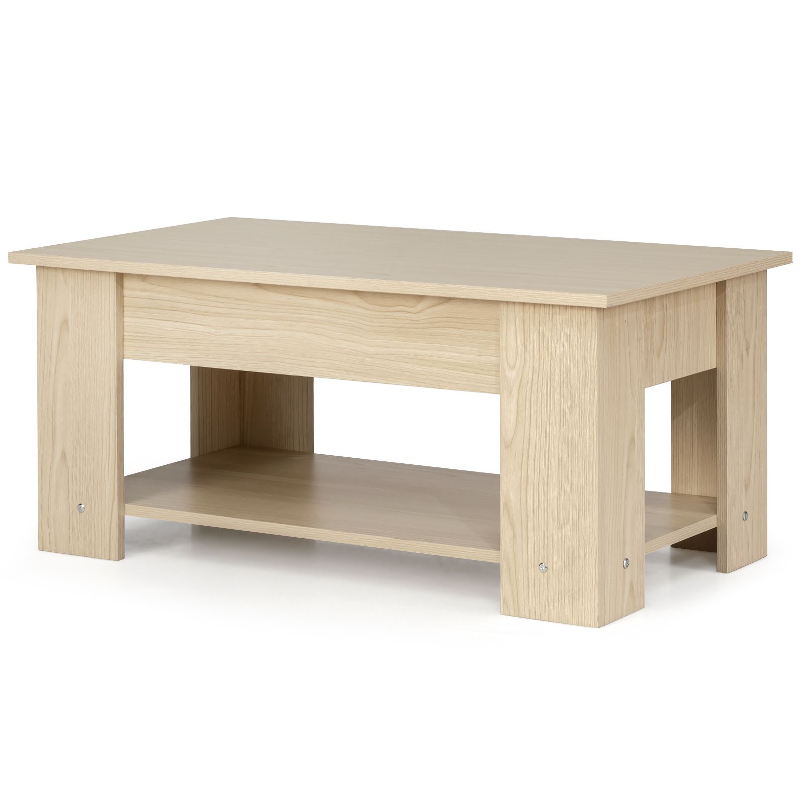 Height Adjustable Coffee Table with 2 Shelves and Liftable Top-Natural