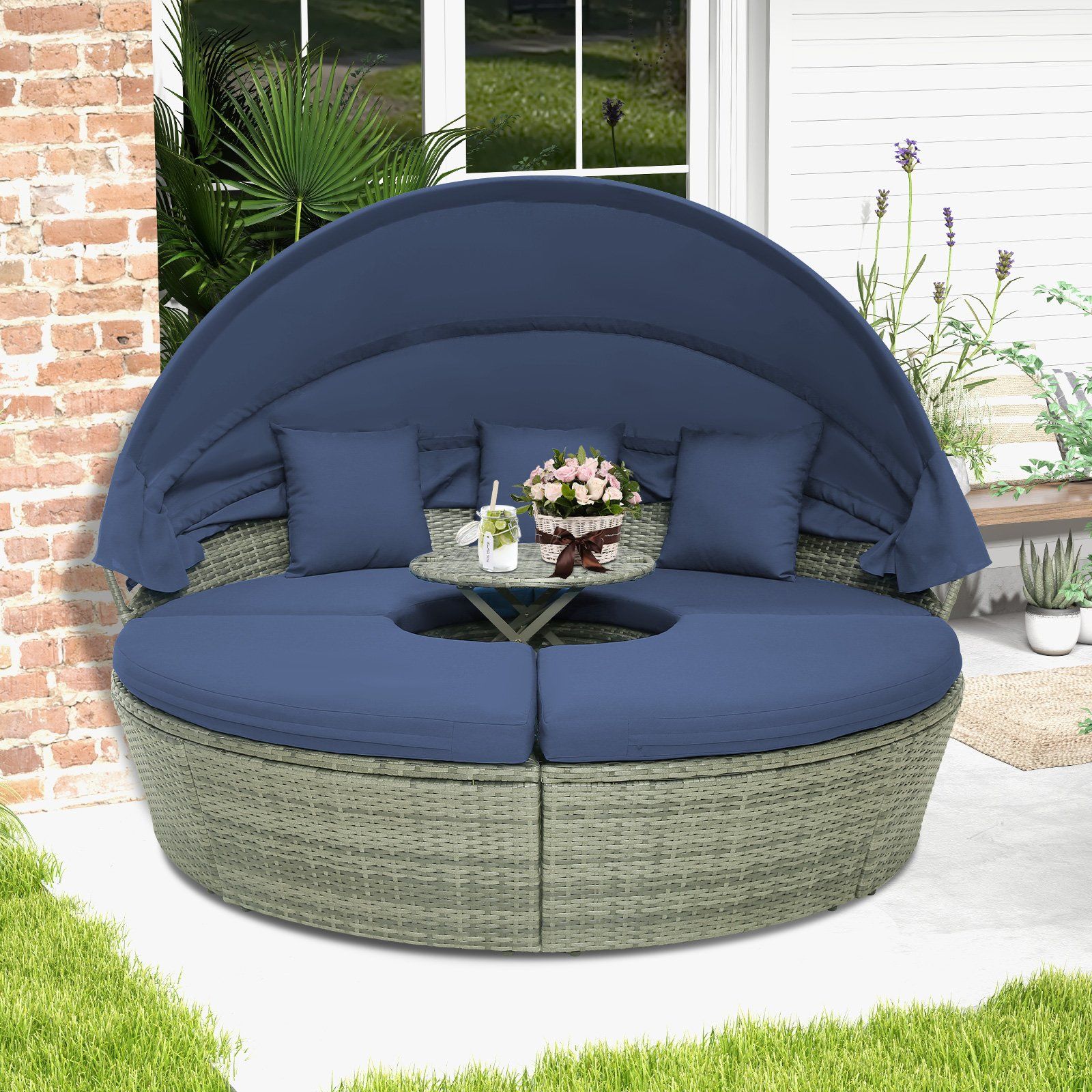 Patio Set - Outdoor Round Daybed with Retractable Canopy for Backyard ...