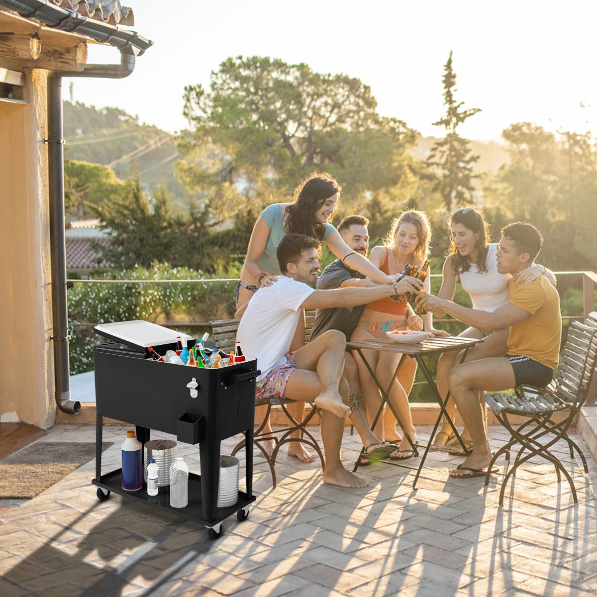 76 litre Outdoor Ice Chest Cooler Trolley-Black