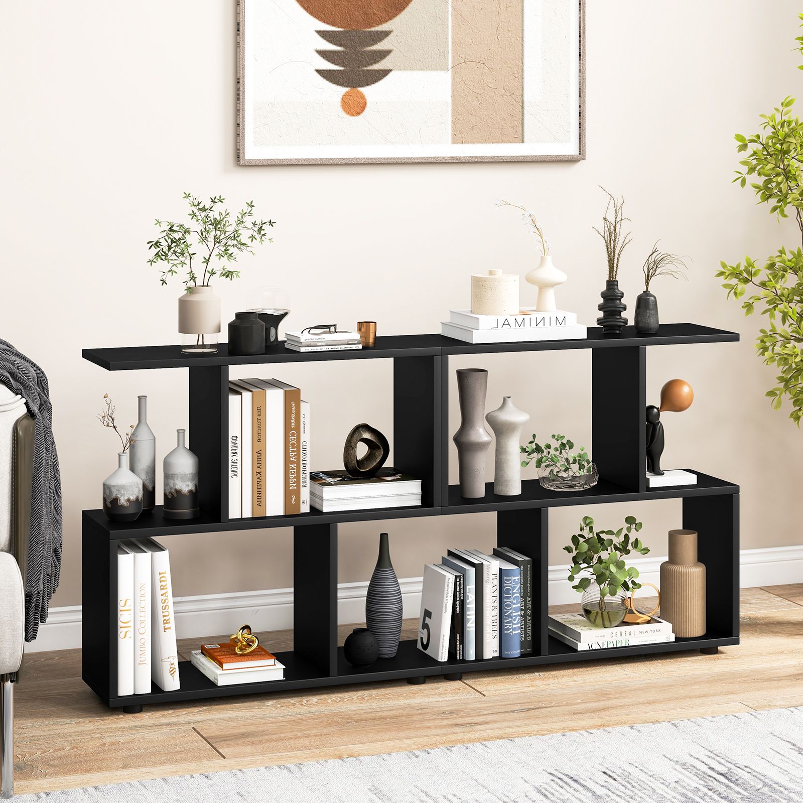 2-tier Irregular Storage Shelf Wood Shelving Units with 4 Compartments ...