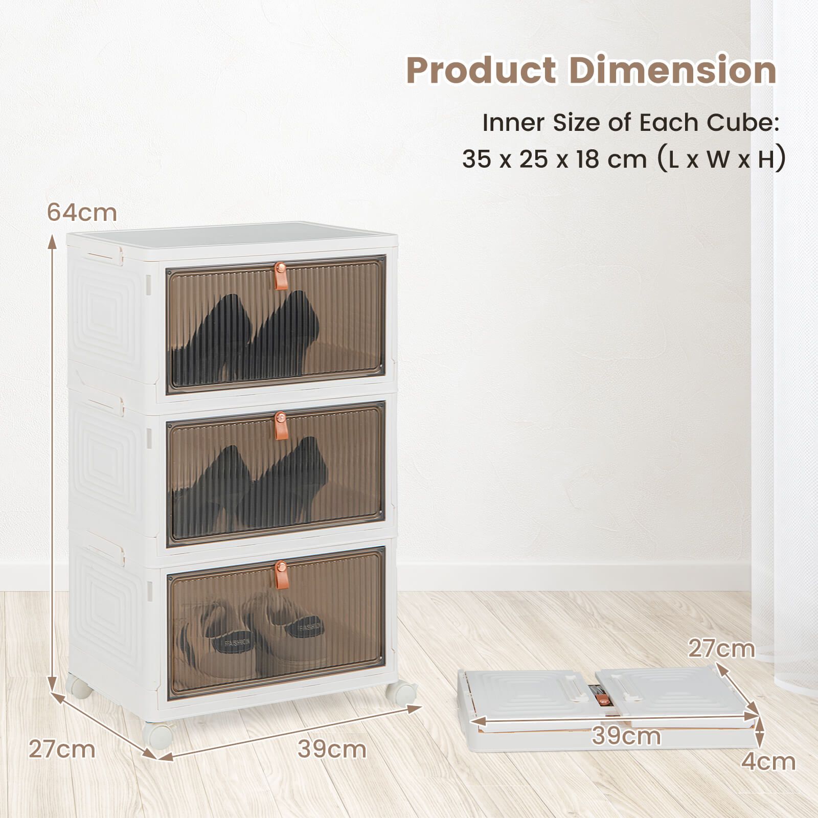 3/4/6-Tier Stackable Shoe Storage Box with Lockable Wheels-3-Tier