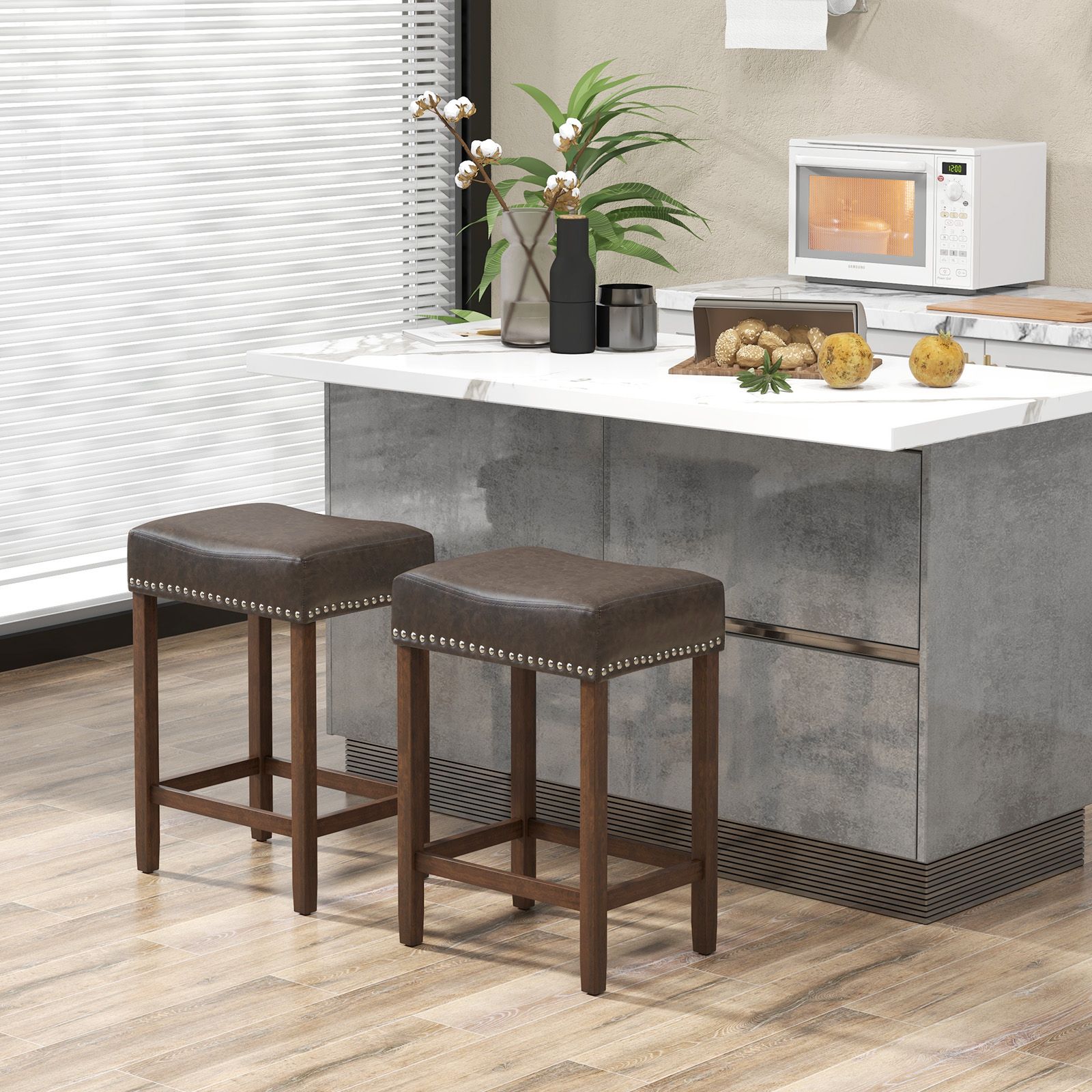 60cm Bar Stool Set of 2 Counter Height Saddle Stools-Grey