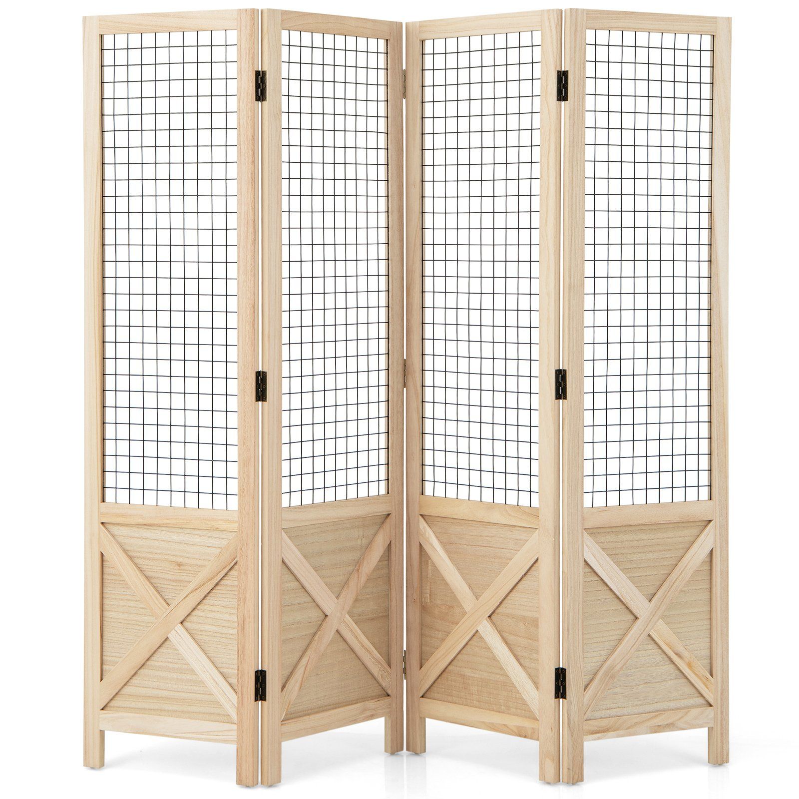 Room Divider - 4-Panel Folding Gridwall Display Stand Room Divider-Natural