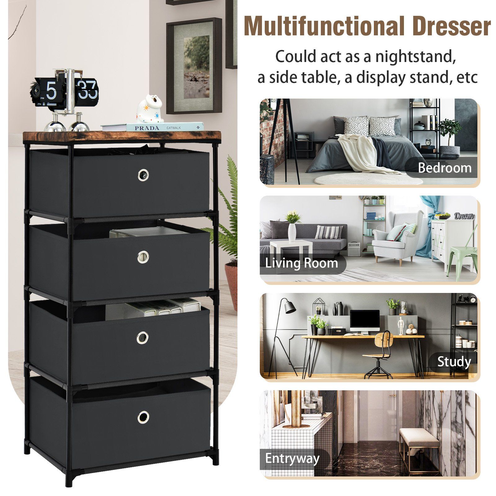 LAGOS Black Chest of Drawers - Tallboy, Small-sized, 4 Drawers