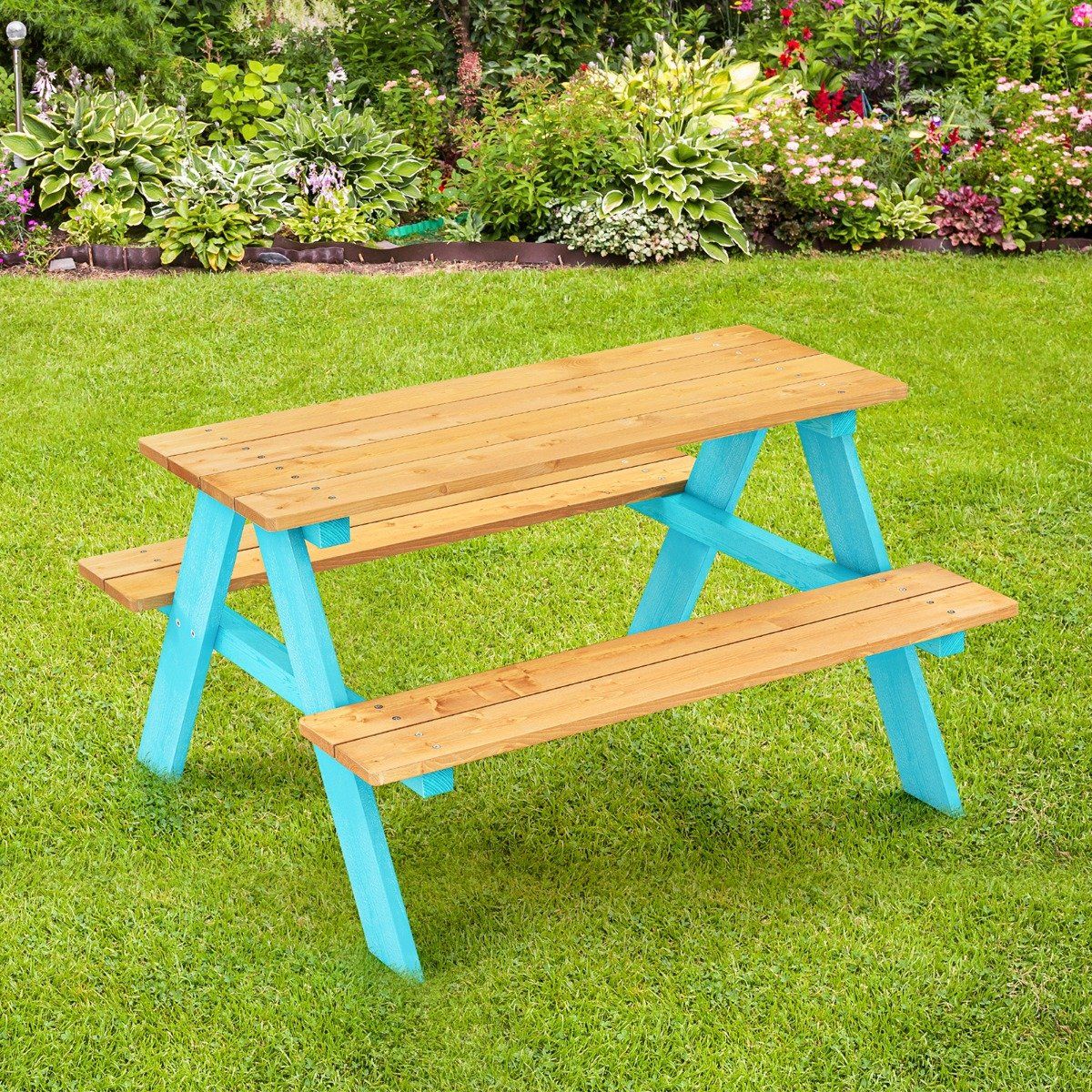 Kids Picnic Table and Bench Set with 100 kg Load Capacity-Blue and Natural