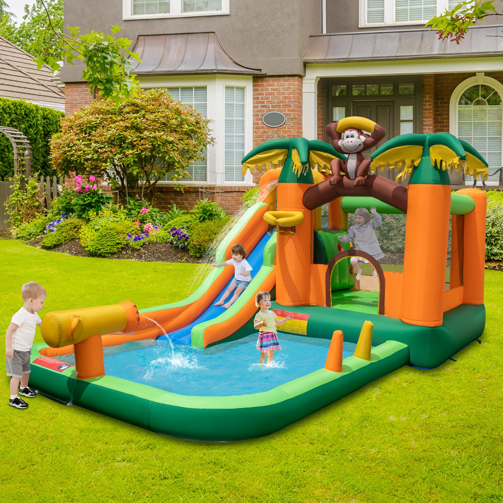 6-in-1 Monkey Themed Inflatable Water Slide Park with Slide and Splash ...