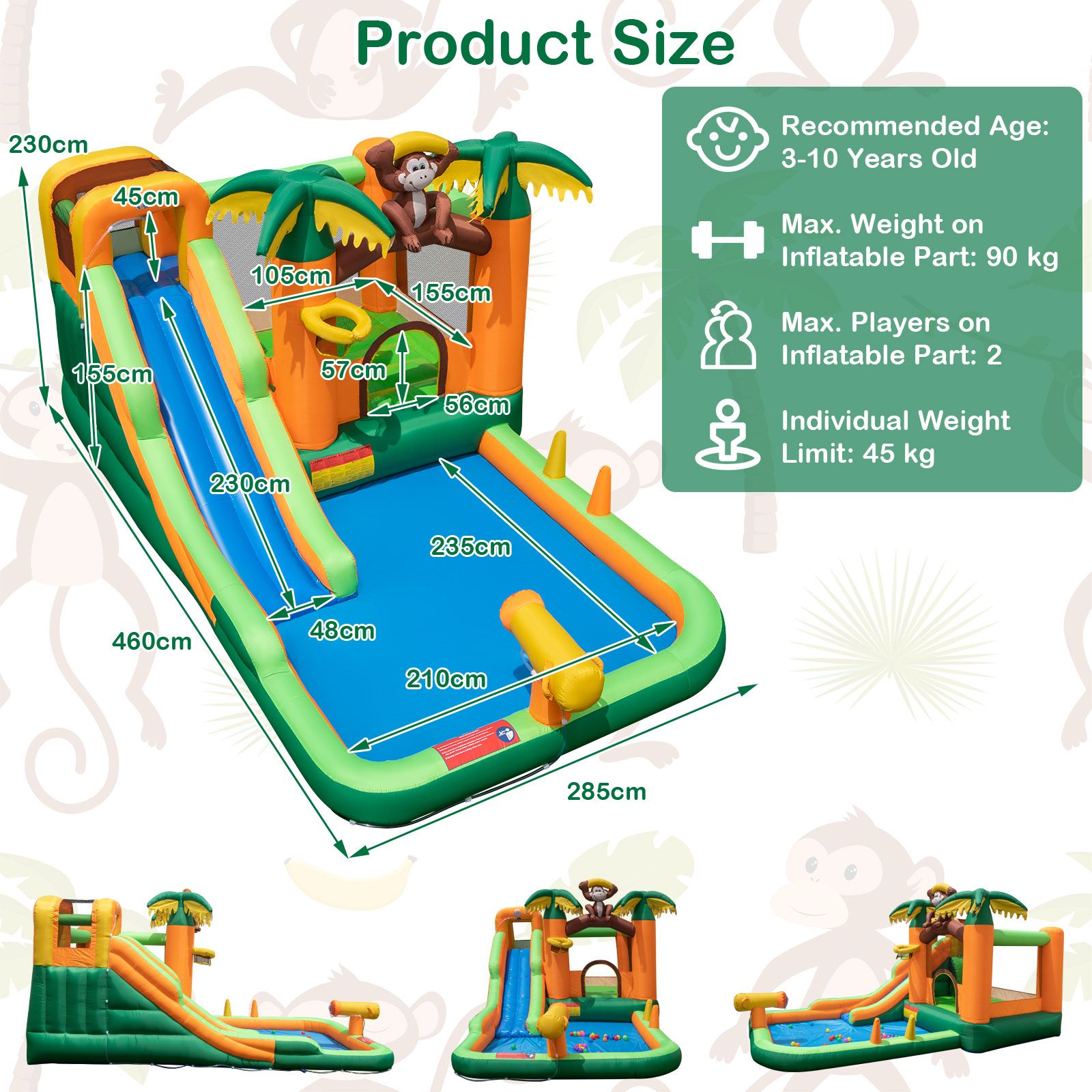 6-in-1 Monkey Themed Inflatable Water Slide Park with Slide and Splash ...