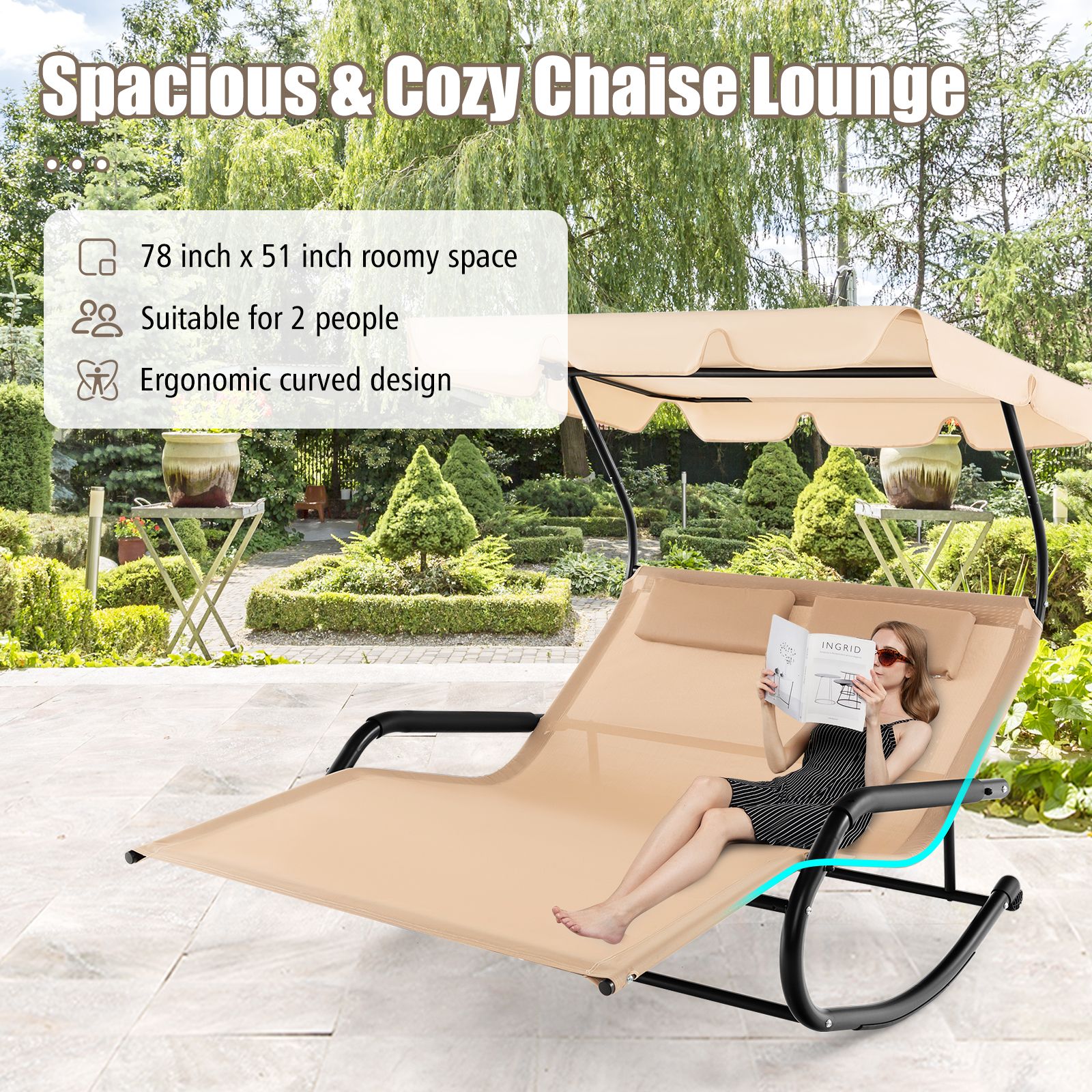 Patio 2-Person Rocking Sun Lounger with Sun Shade and Wheels-Beige