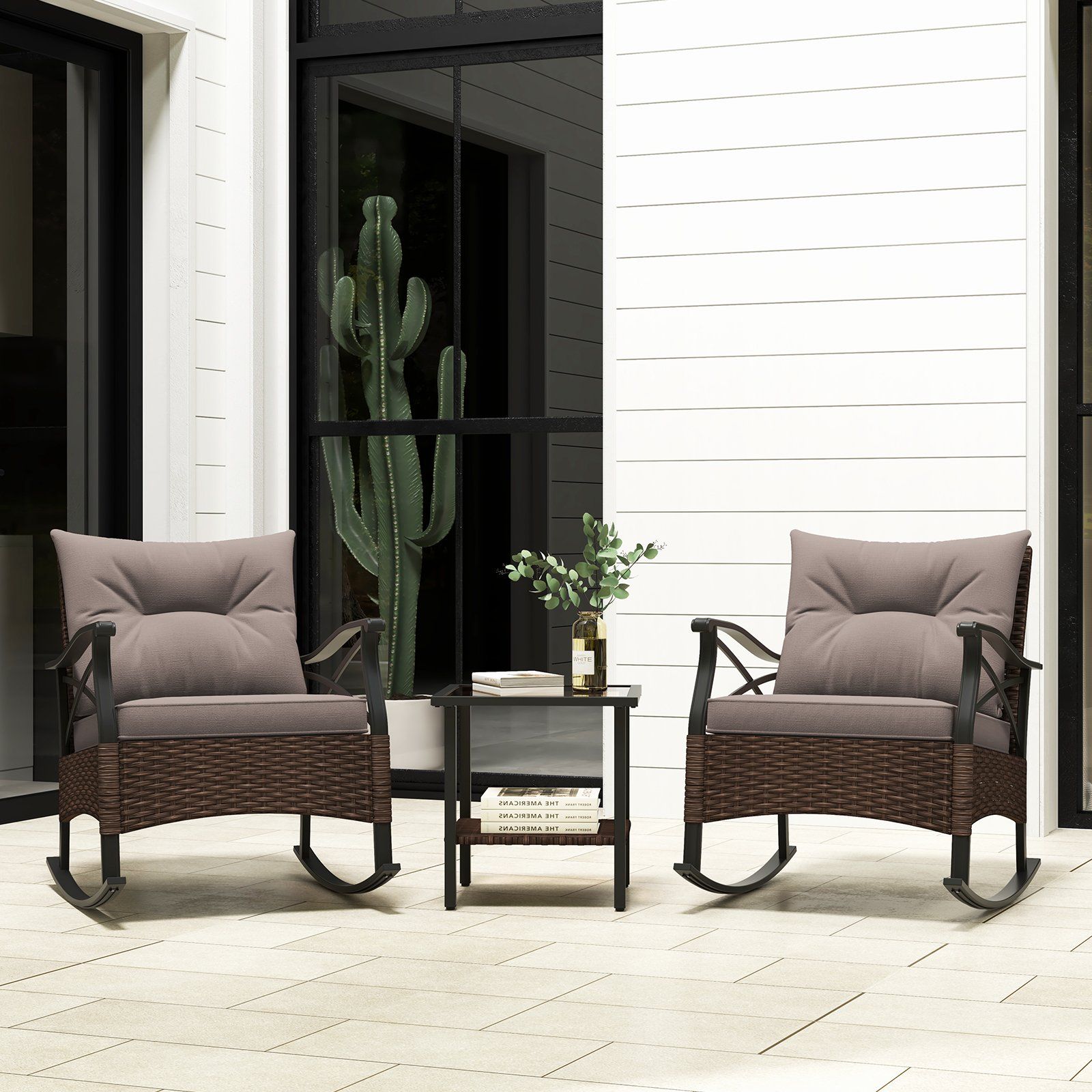 Patio Set - 3 Piece Patio Rocker Set with Coffee Table and Cushions - Grey