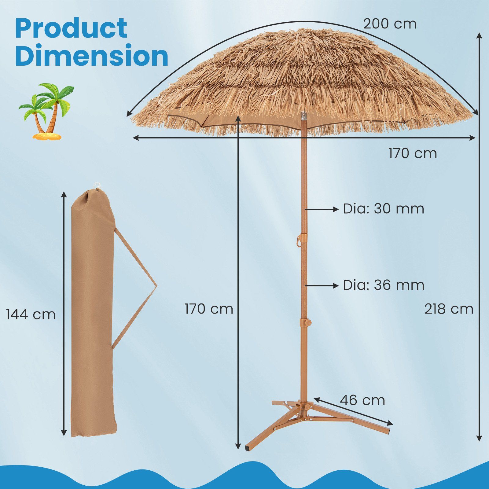 Garden Parasol - 170cm Thatched Tiki Umbrella Hawaiian Style Beach ...
