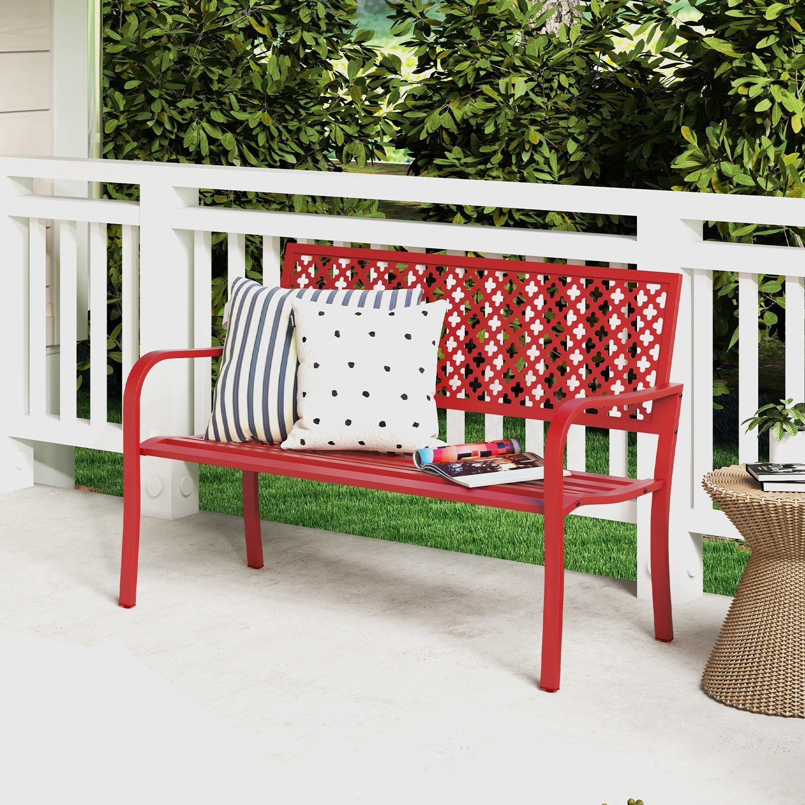 Garden Bench - 2-Person Metal Garden Bench with Slatted Seat and ...