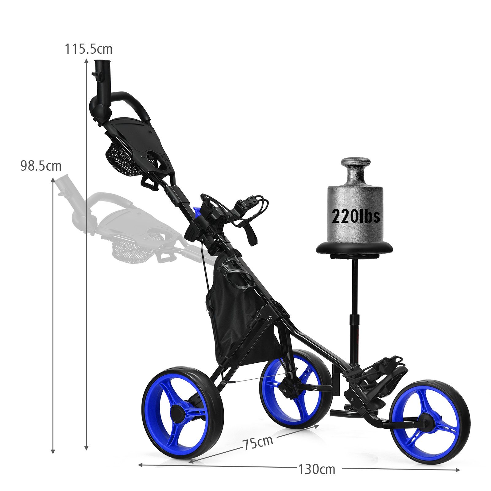 Golf Push Pull Cart with Storage Bag and Foot Brake-Blue