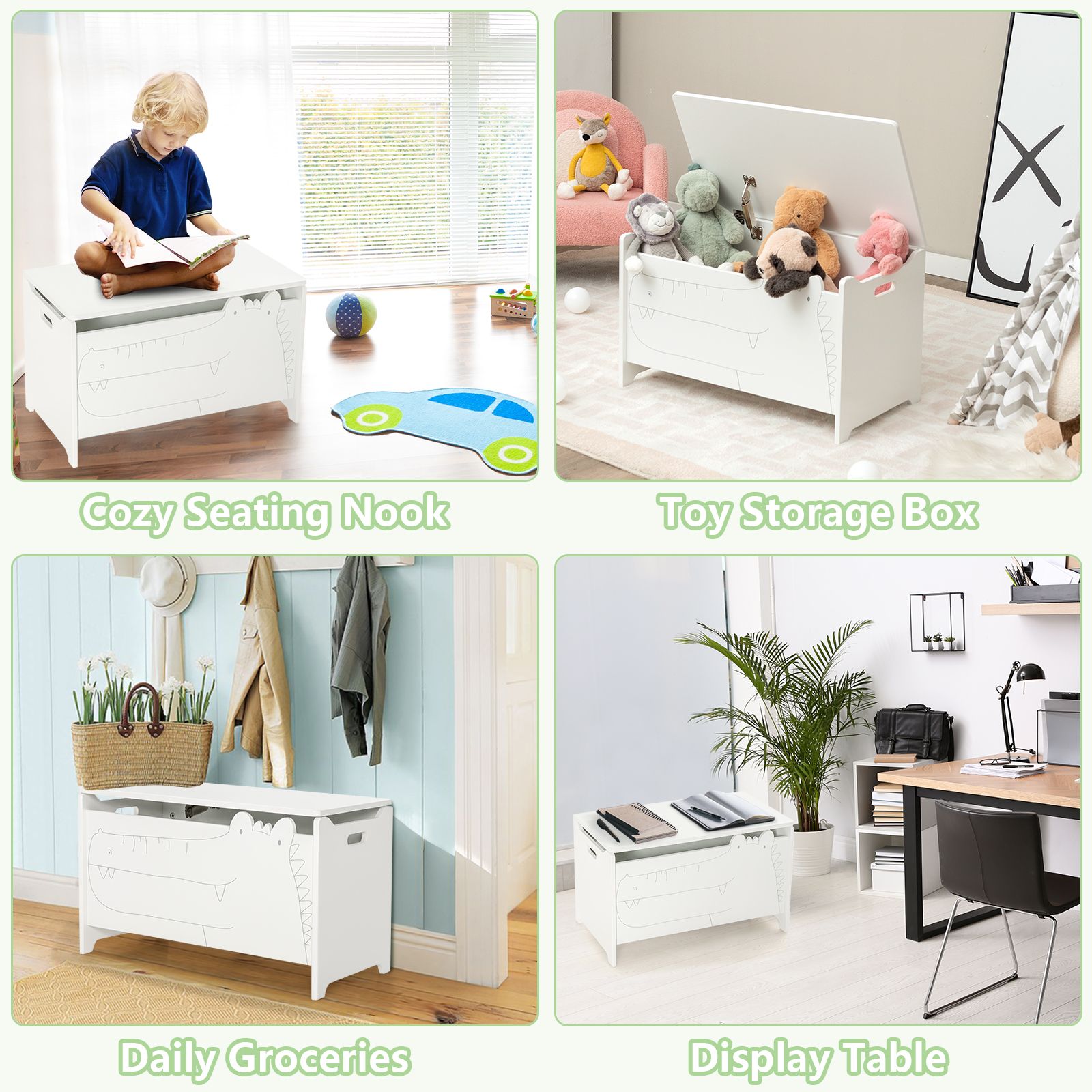 2-in-1 Kids Toy Box Storage Chest with Flip-up Lid and Safety Hinges-White