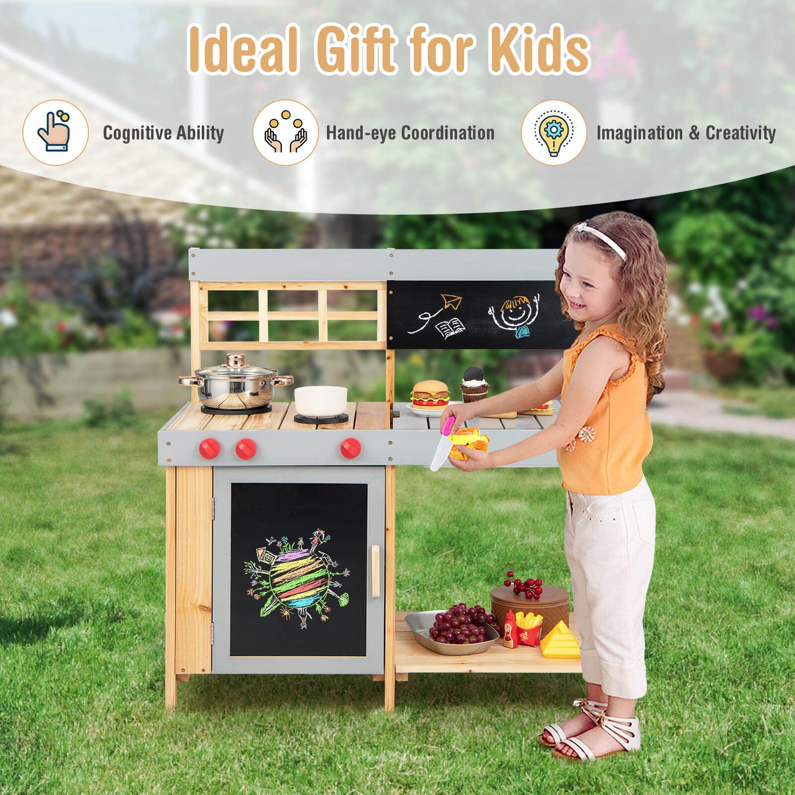 Kids Kitchen Toy - Kids Wooden Mud Kitchen Set with Chalkboard