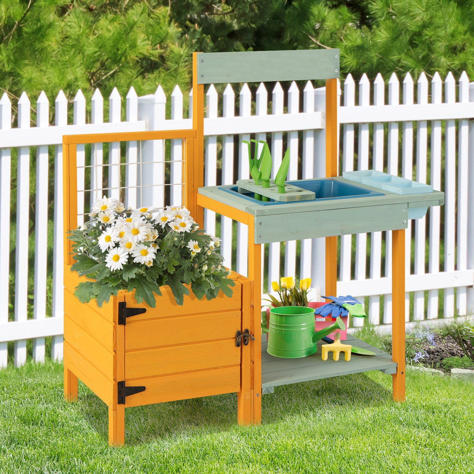 Kids Kitchen Toy - Kids Outdoor Potting Bench with Planter Box Wooden ...