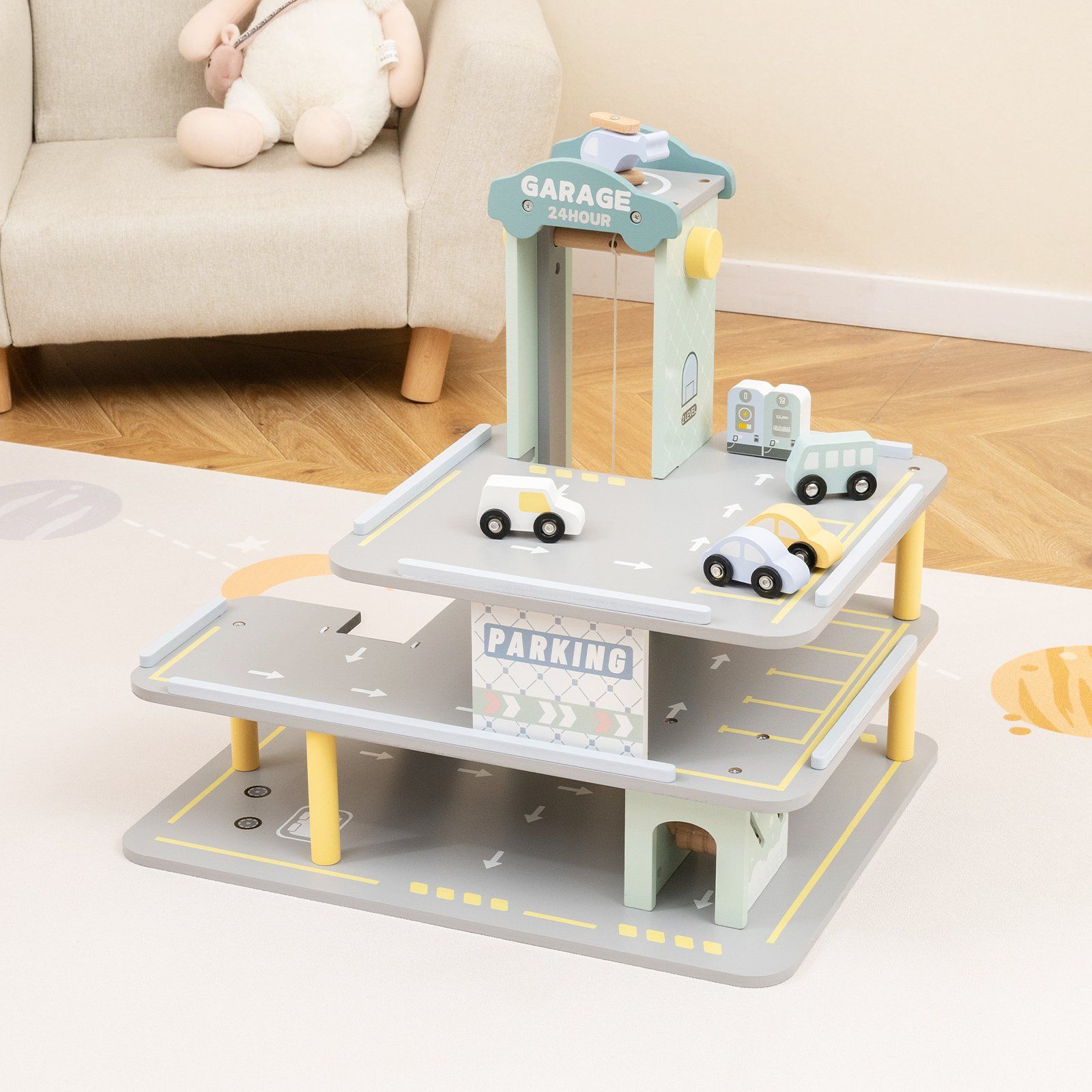 Kids Pedal Vehicle - 3-Layer Wooden Toy Garage with 4 Cars and ...