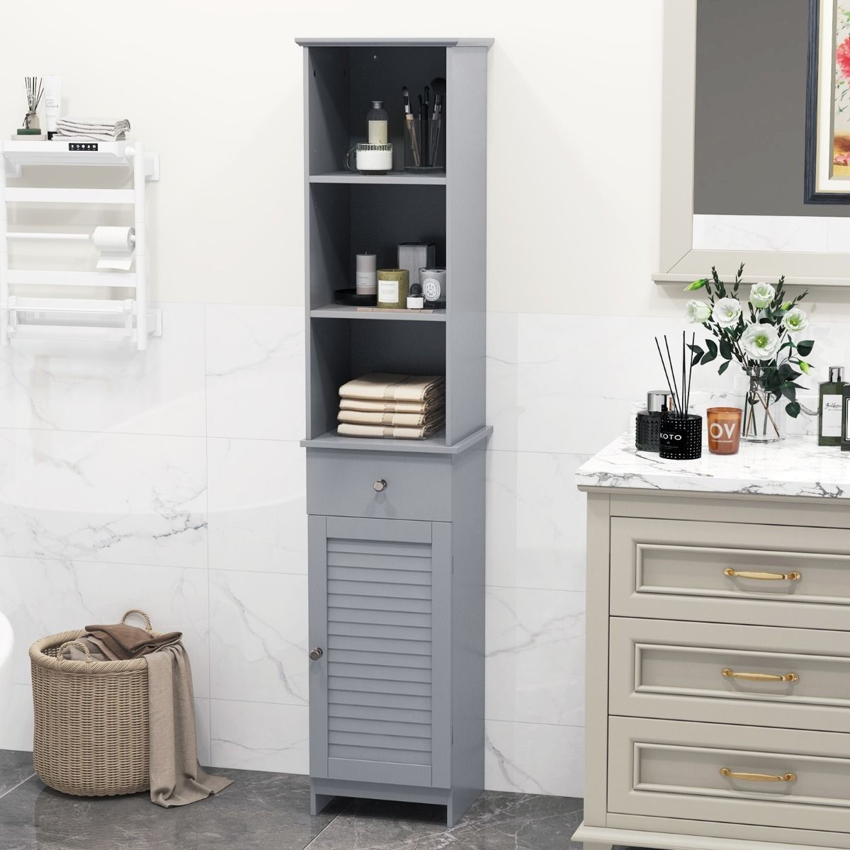 Bathroom Cabinet - Tall Bathroom Cabinet with Adjustable Shelves-Grey