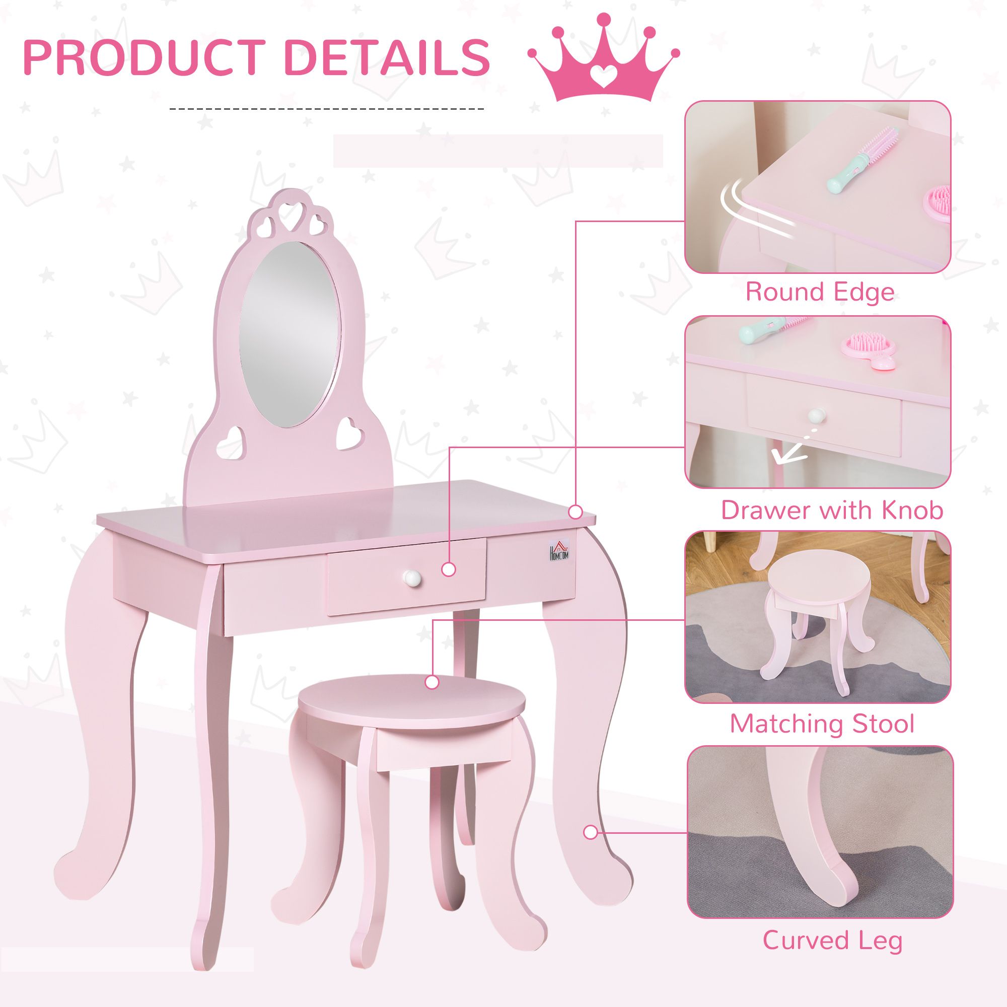 Kids Vanity Table & Stool Girls Dressing Set Make Up Desk Chair Dresser ...