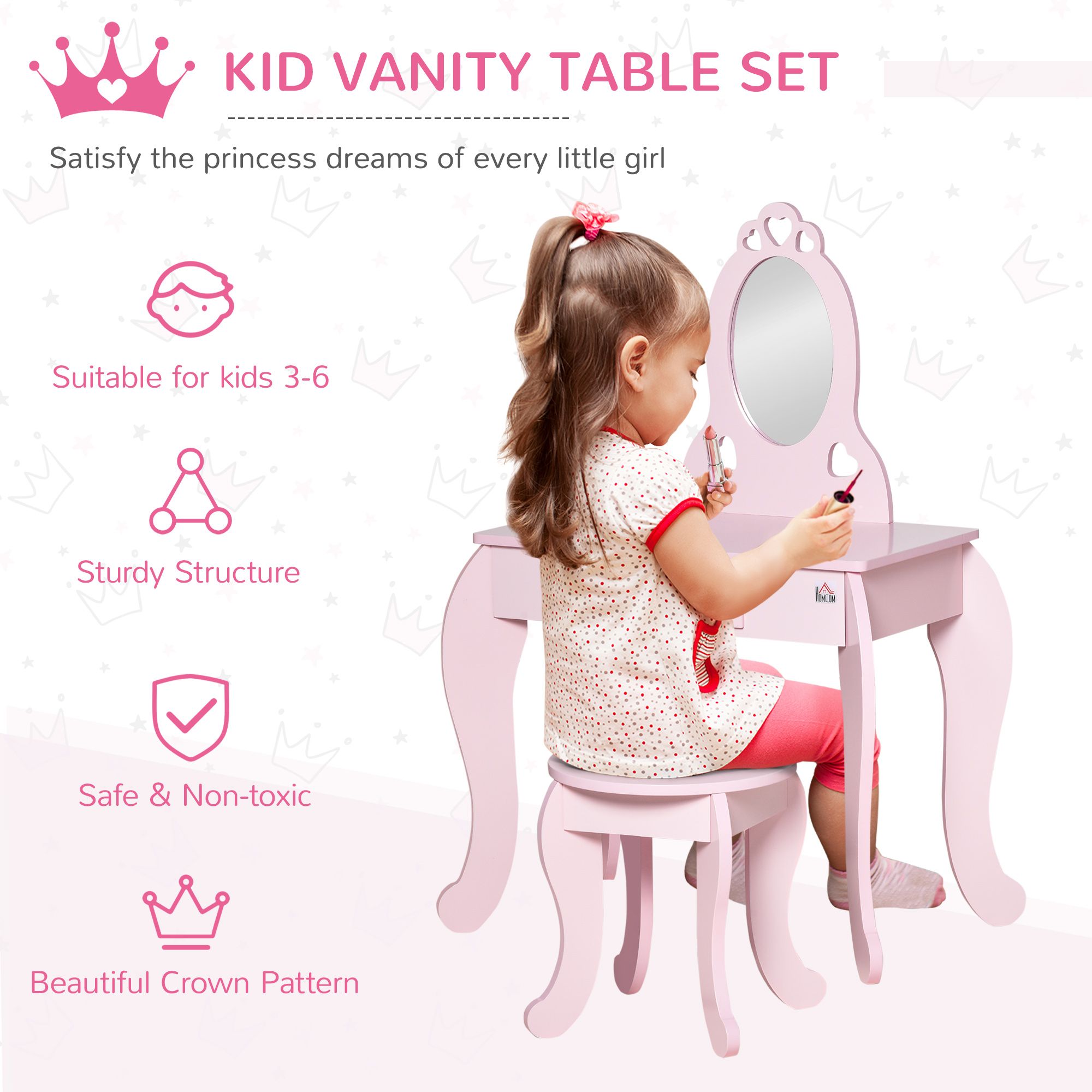 Kids Vanity Table & Stool Girls Dressing Set Make Up Desk Chair Dresser ...