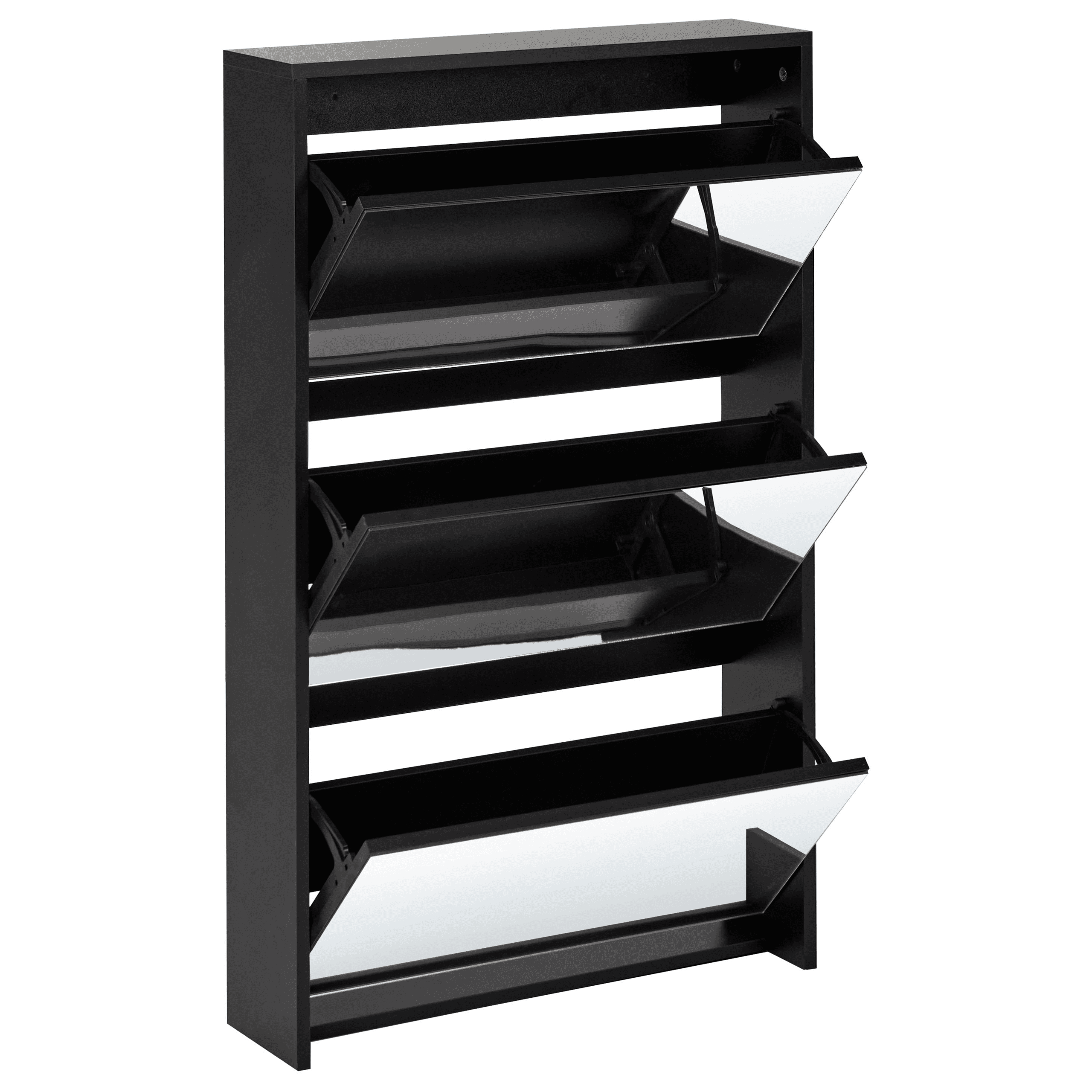 MIDEN 3 Compartment Mirrored Shoe Storage Cabinet Black