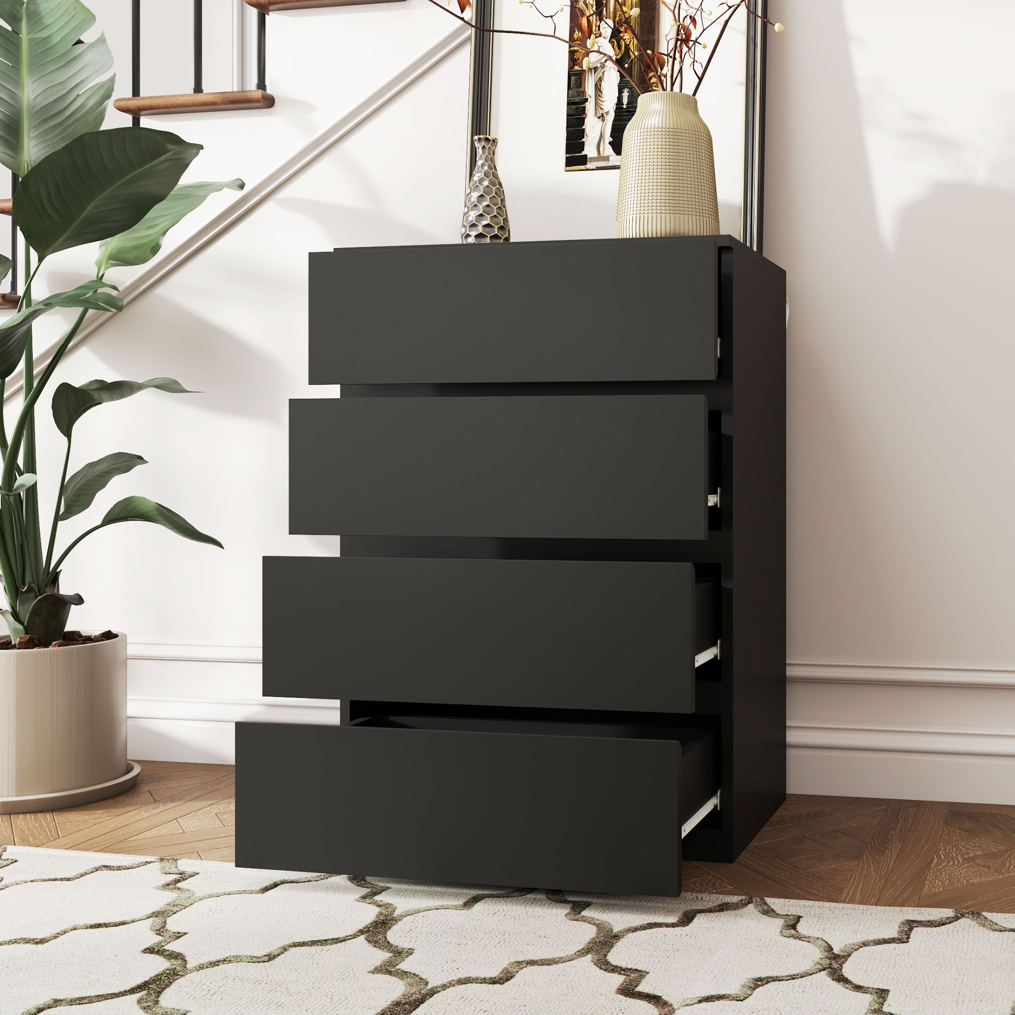 Black Chest of Drawers - HERON Narrow Chest, 4 Drawers