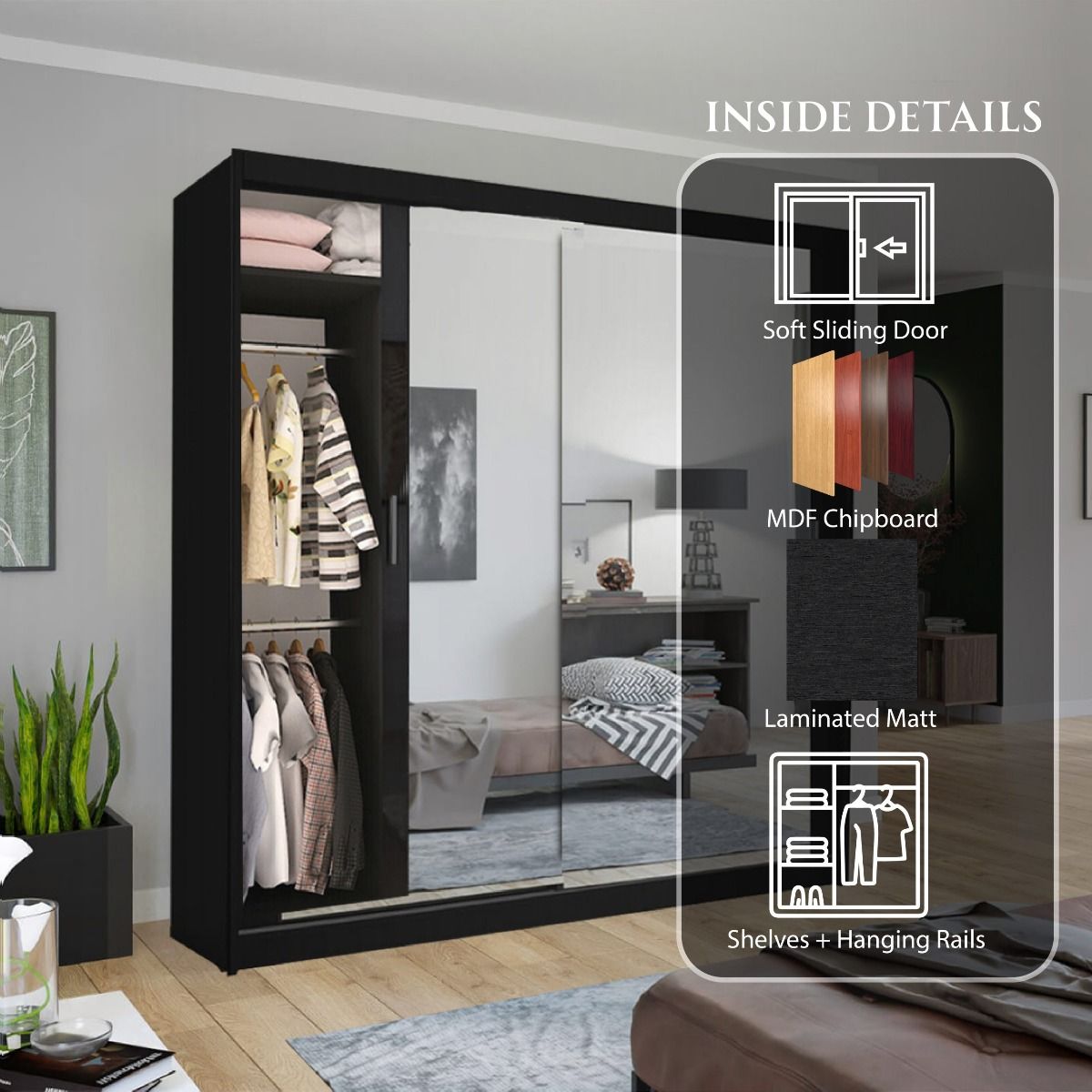 Sliding Wardrobe - CHICAGO II 2 Door Mirrored Wardrobe Black - 90cm