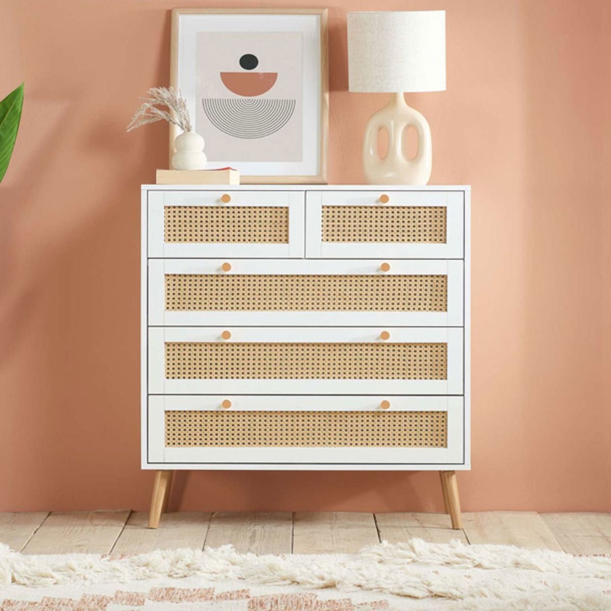 White Rattan Chest of Drawers - BAHRAIN Medium Chest, 5 Drawers