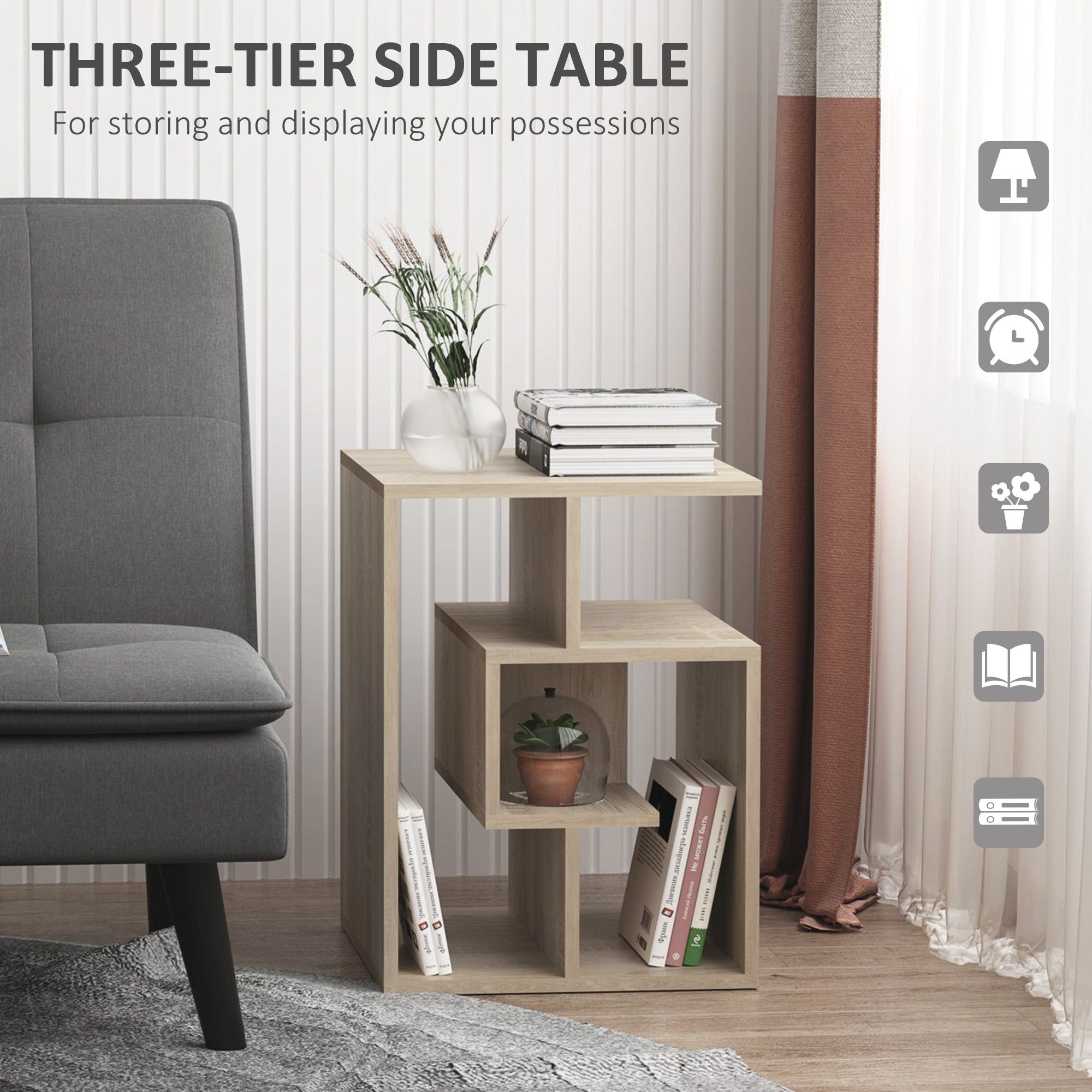 Side Table, 3 Tier End Table with Open Storage Shelves, Living Room ...