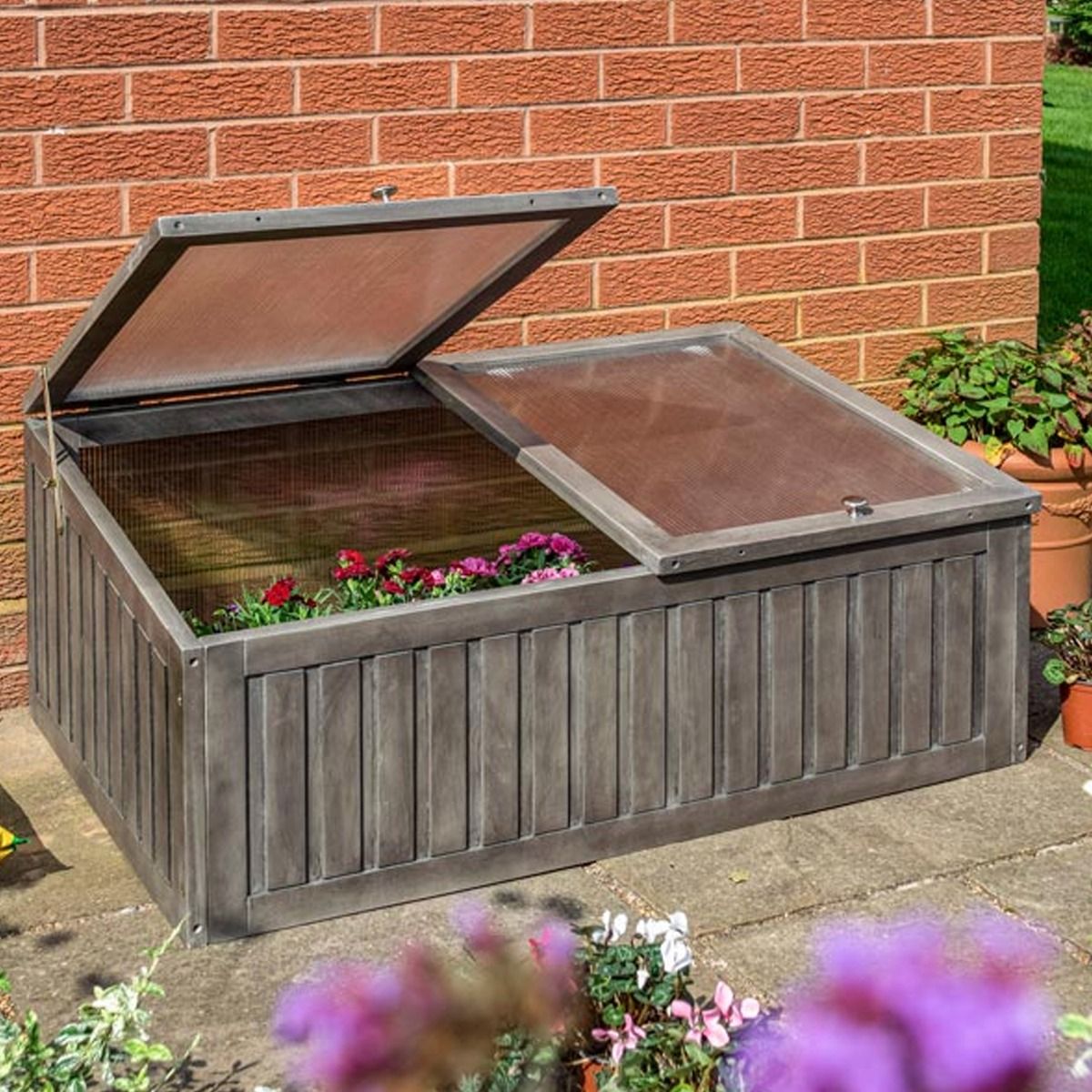 Hardwood Timber Cold Frame with Dual Adjustable Lids and Polycarbonate ...